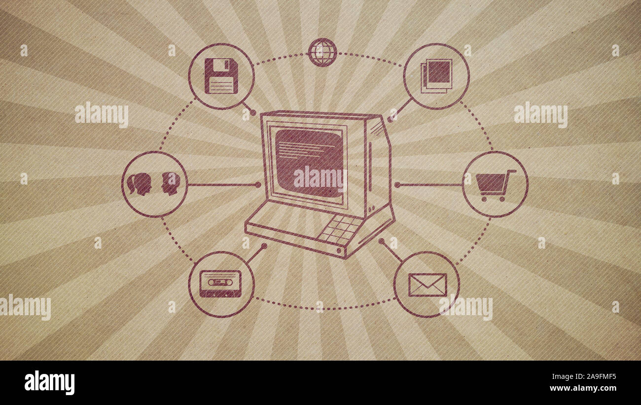 Vintage 80s computer with network of multimedia icons, retro technology ...