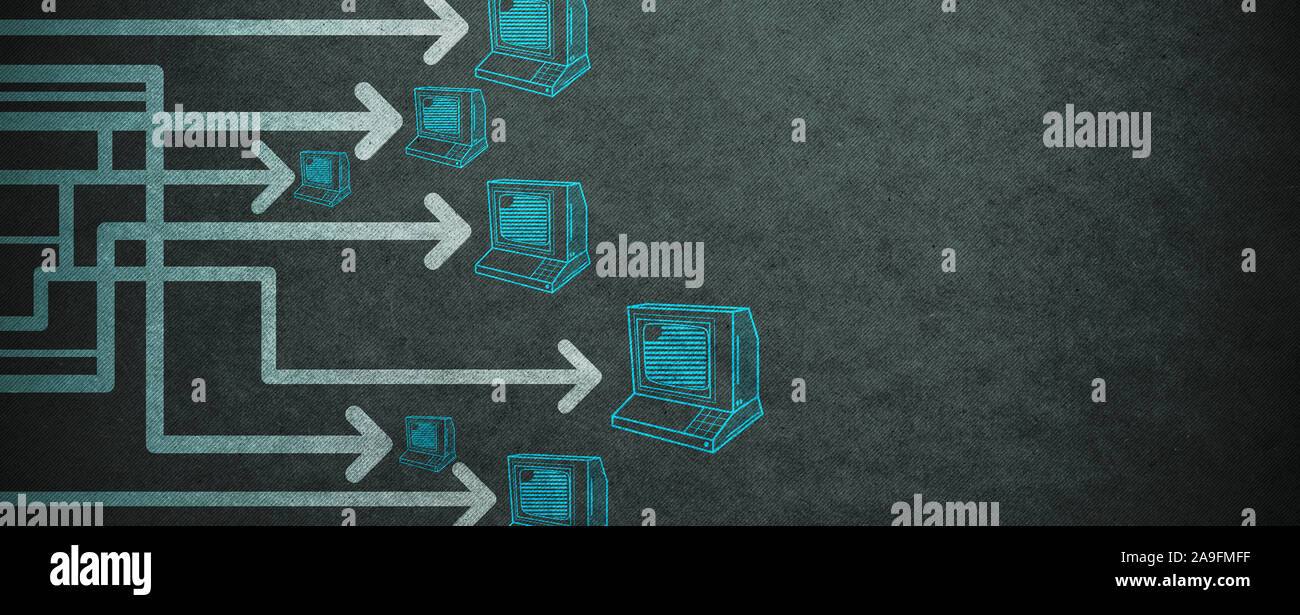 Vintage computers network with arrows, technology and communication ...