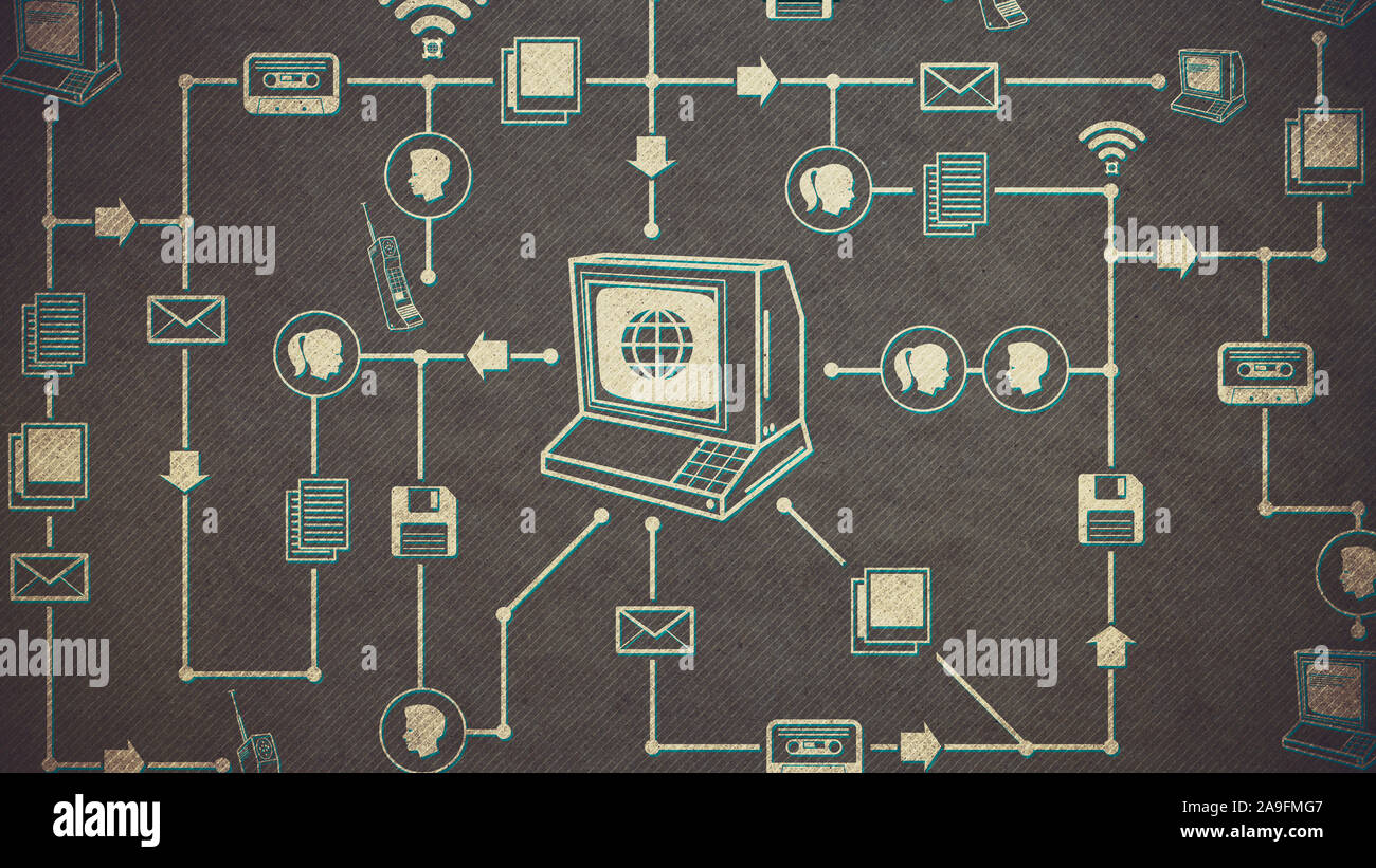 Vintage computer and network of retro multimedia and internet icons ...