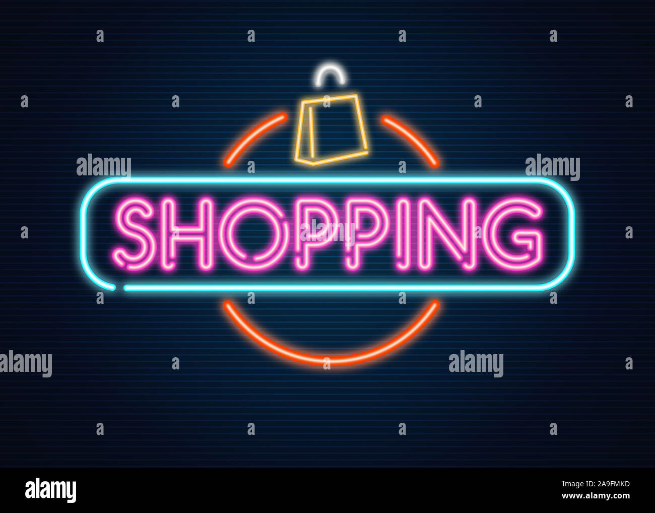 Shopping neon sign with shopping bag, retail and sale concept Stock ...