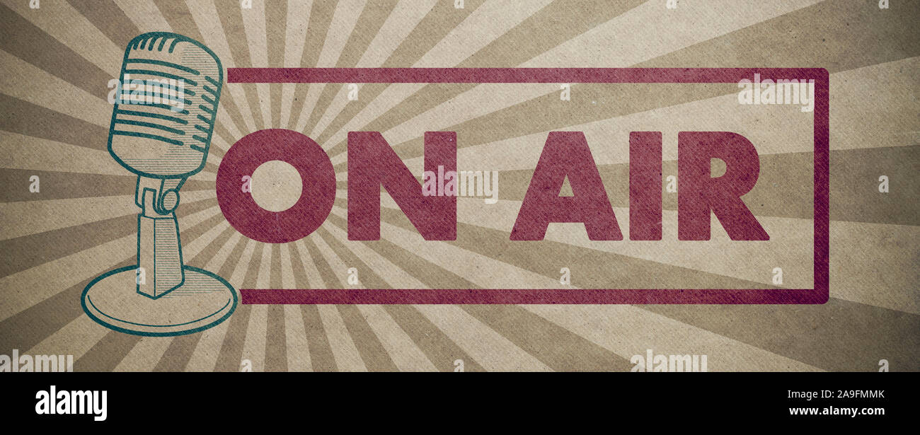 On air sign with vintage microphone, broadcasting and communications ...