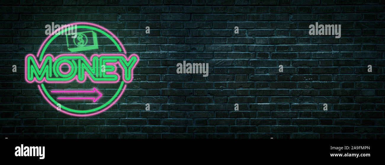 Money retro neon sign on brick wall with arrow and copy space Stock ...
