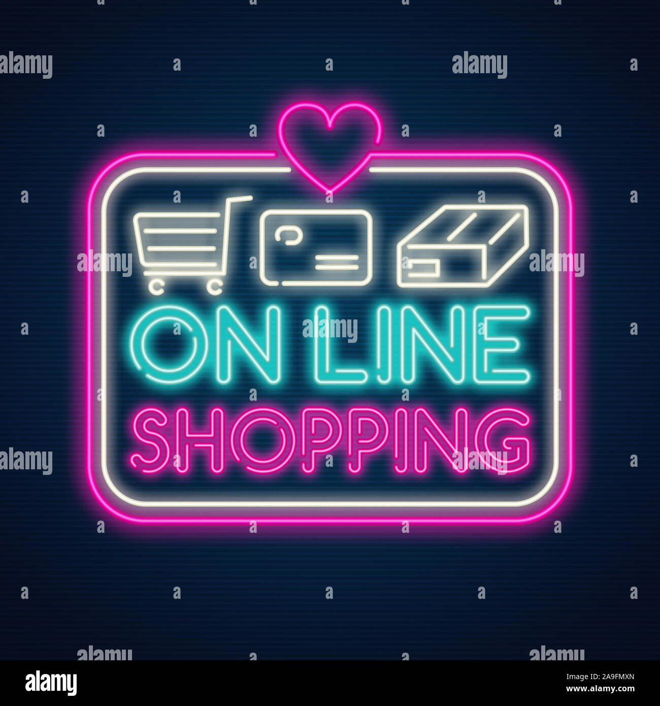 Online shopping vintage neon sign with icons Stock Photo - Alamy
