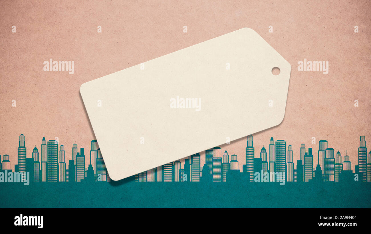 Vintage price tag and city skyline in the background Stock Photo - Alamy