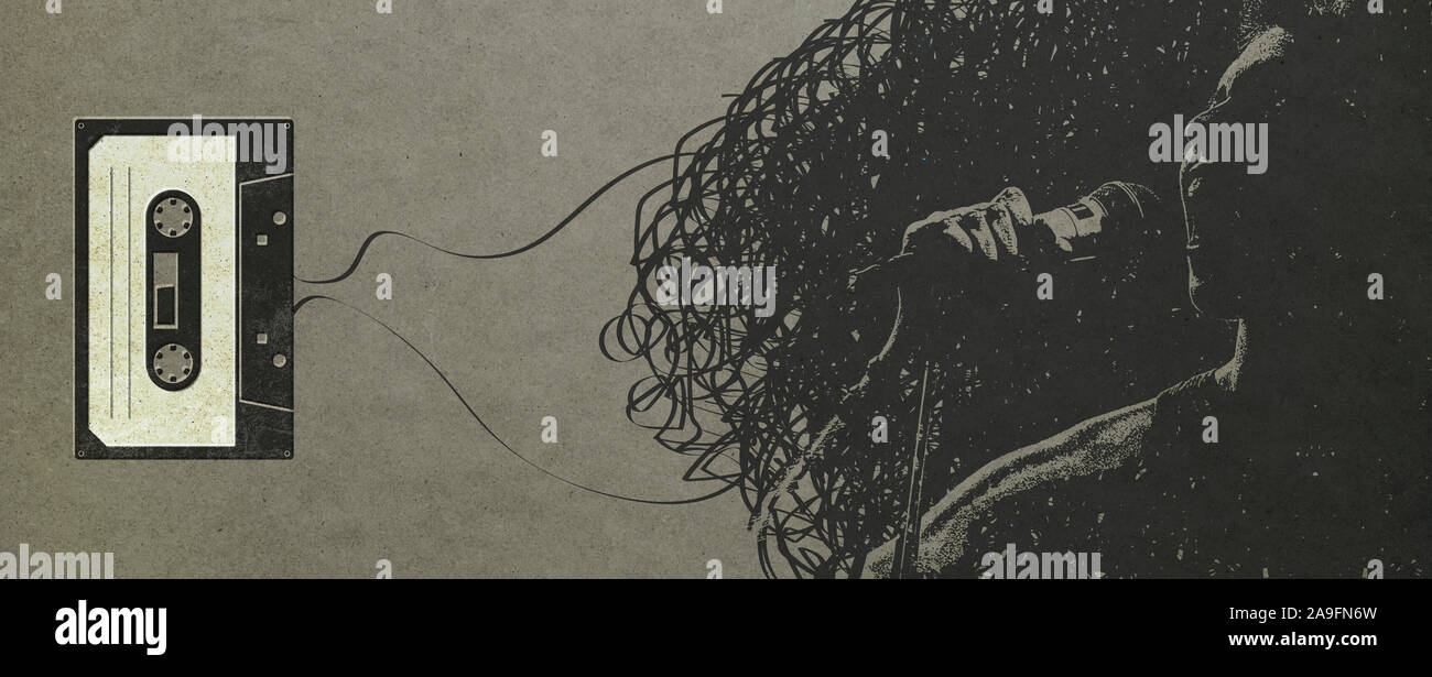 Portrait of a singer made with vintage cassette tape, music and art ...