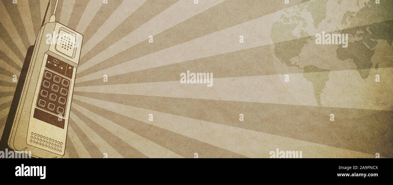 Retro telecommunications poster with vintage cordless telephone and ...