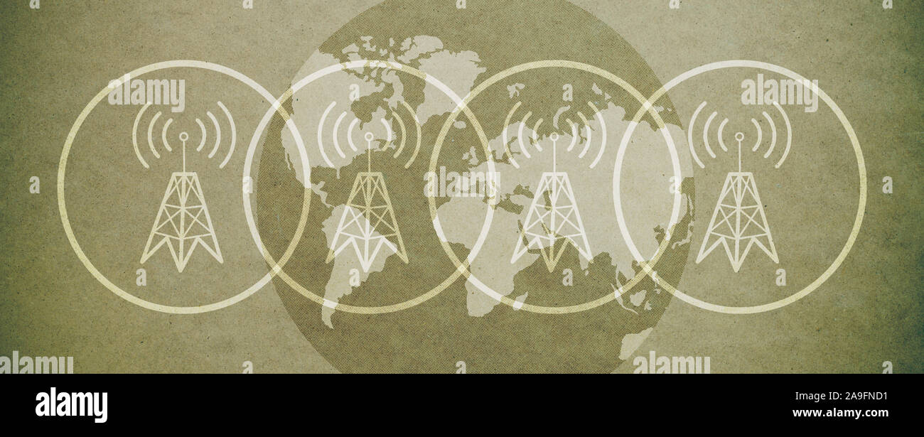 Vintage international broadcasting background with world map, antennas ...
