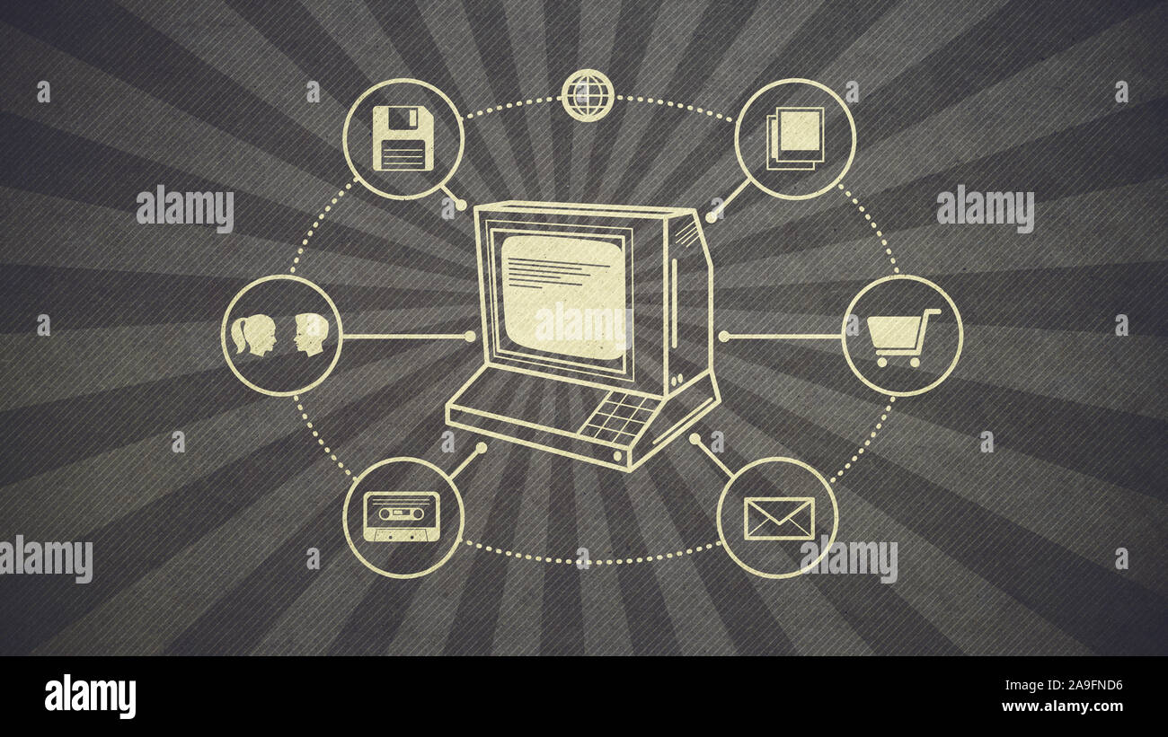 Vintage 80s computer with network of multimedia icons, retro technology ...