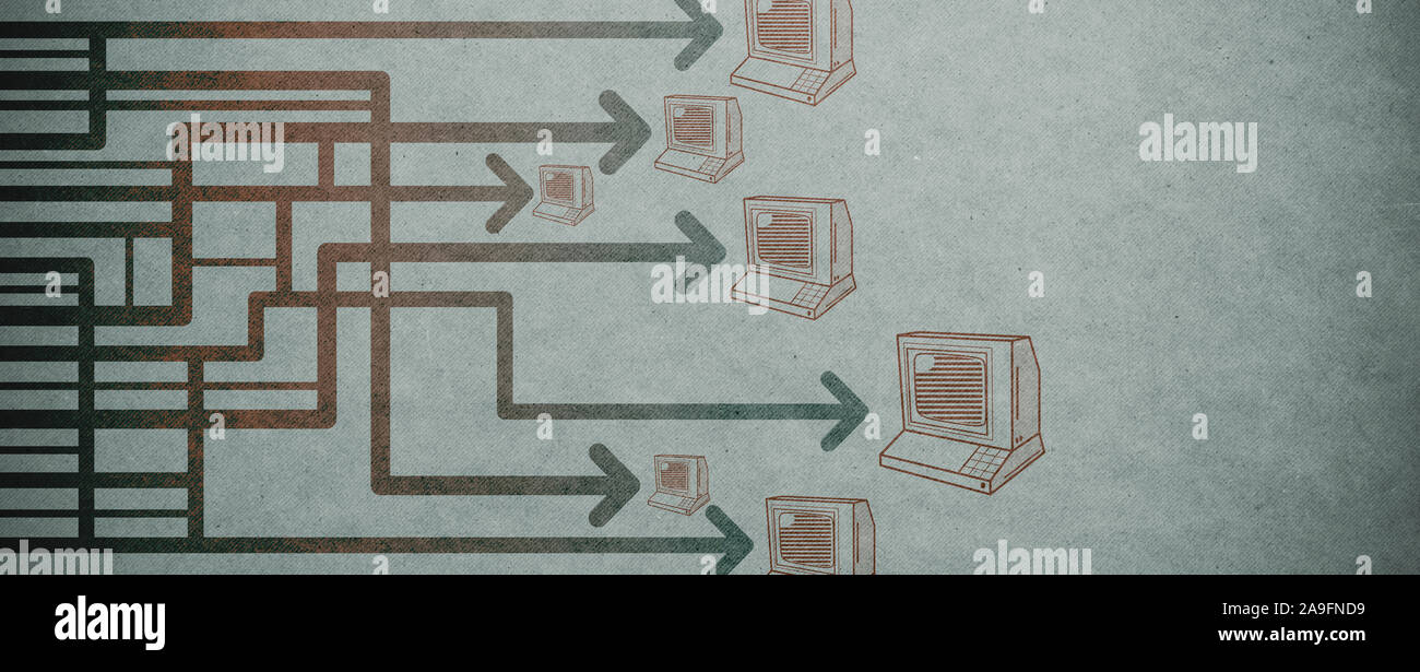 Vintage computers network with arrows, technology and communication ...