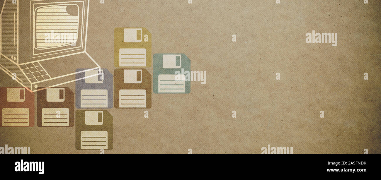 Vintage computer and floppy disks textured background with copy space ...