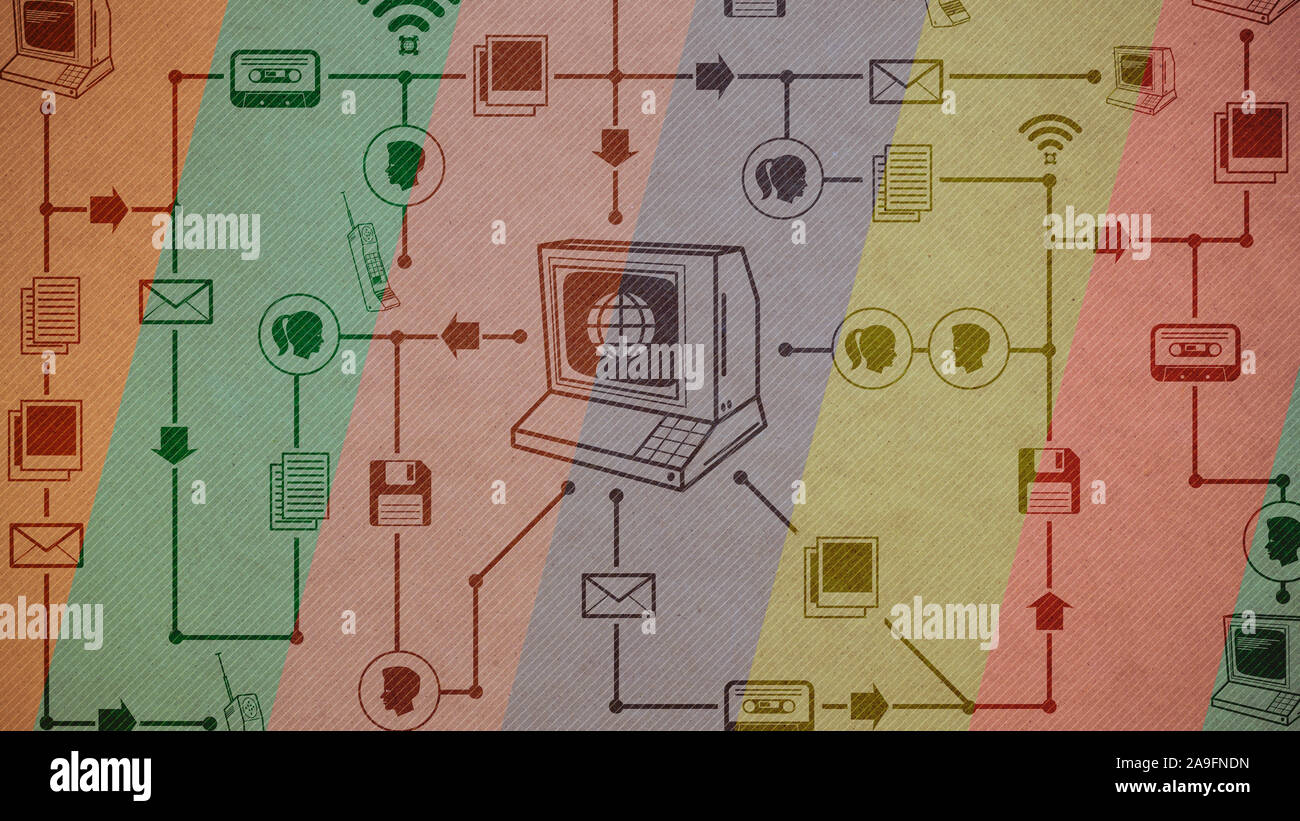 Vintage computer and network of retro multimedia and internet icons ...