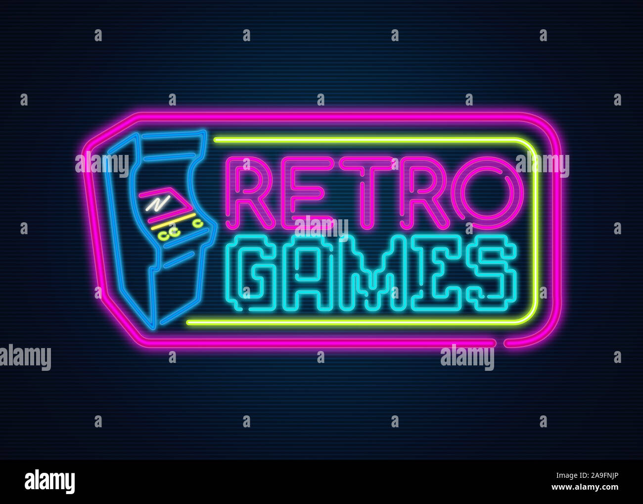 Retro games colorful neon sign with arcade videogame Stock Photo - Alamy