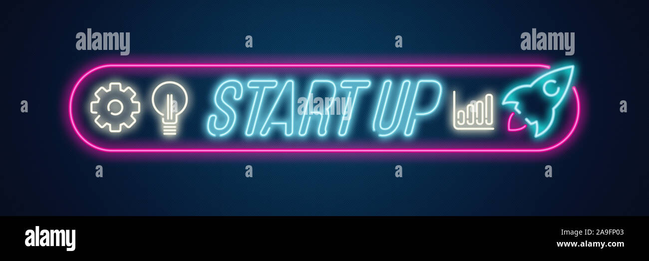Start up retro neon sign with icons, new business and innovative ...