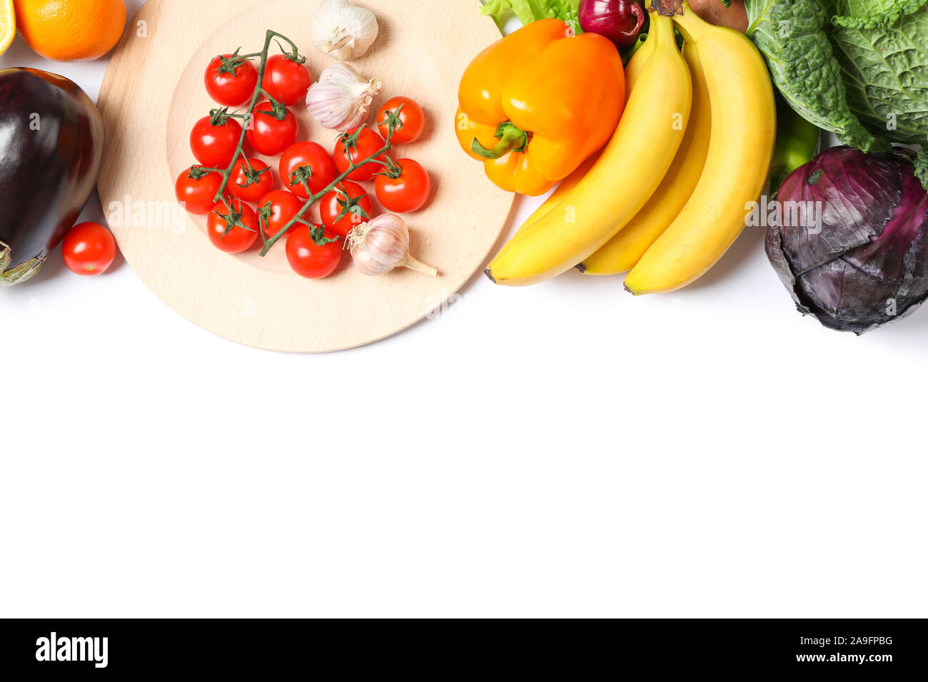 Composition with ripe vegetables and fruits isolated. Top view Stock ...