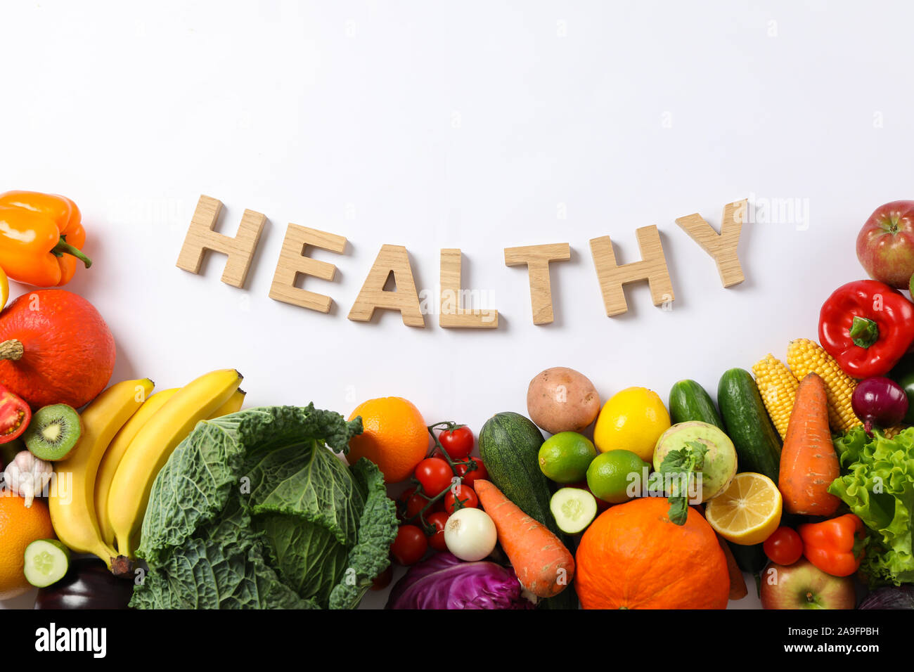 Word Healthy, different vegetables and fruits isolated on white ...