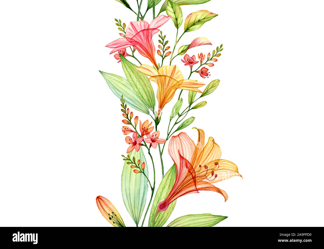 Watercolor Transparent Lily with freesia, hibiscus and leaves. Seamless ...