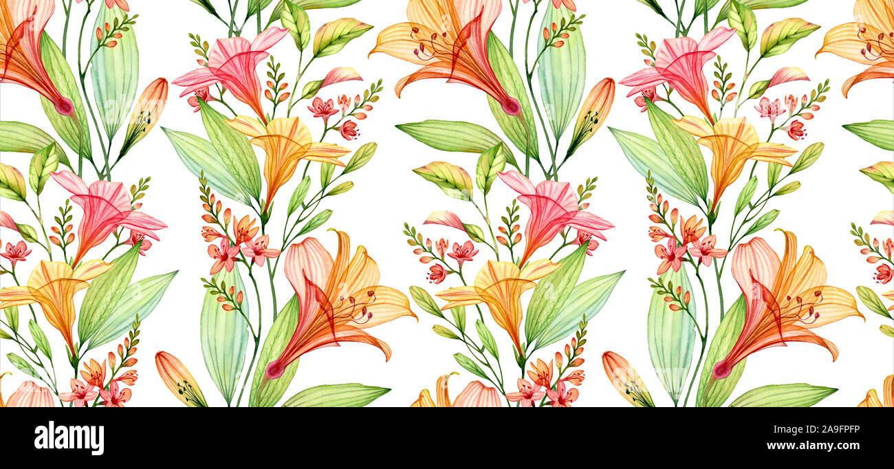 Watercolor Transparent Lily, freesia, hibiscus flowers and leaves ...