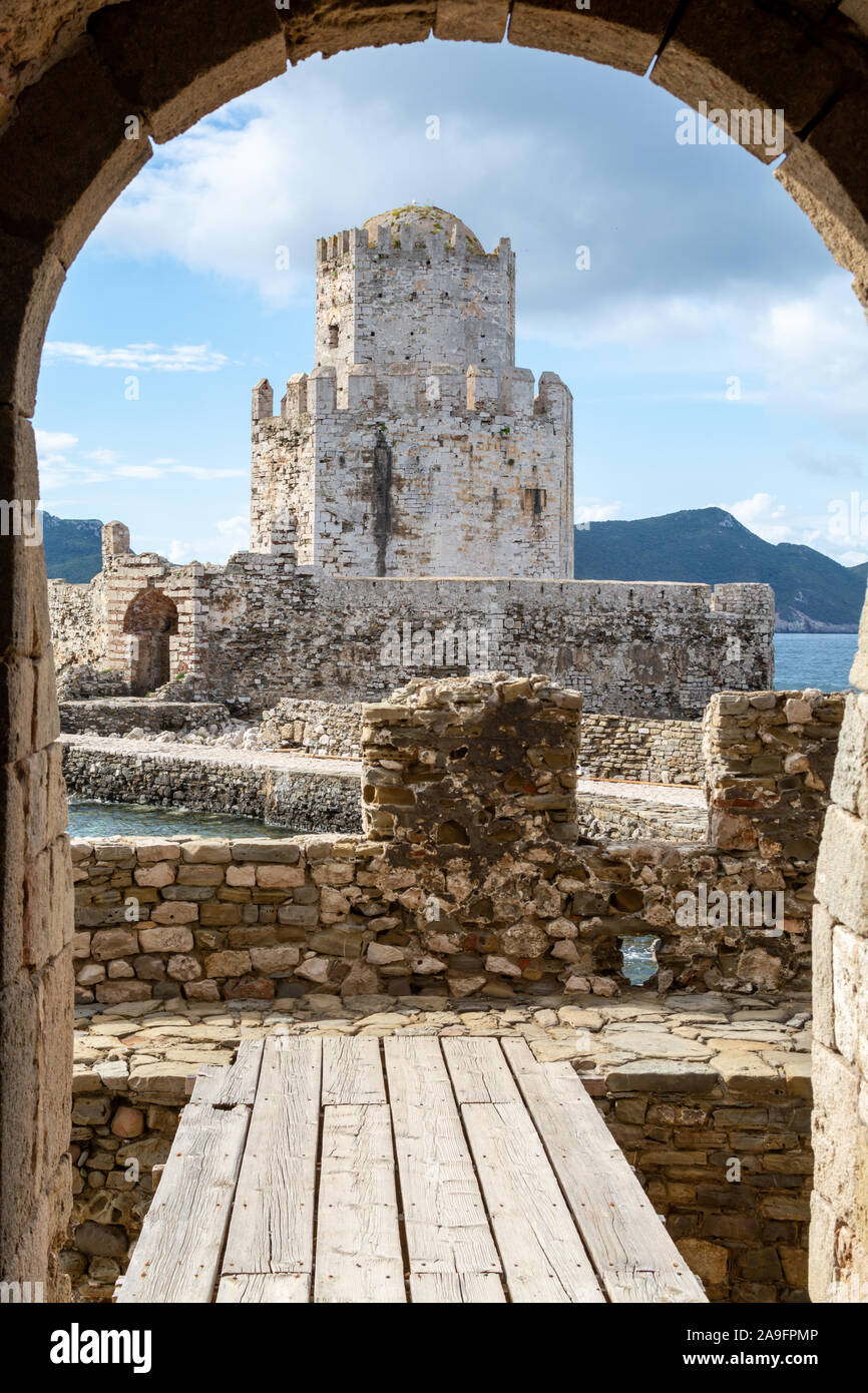View on old venetian fortress in small greek town Methoni on ...