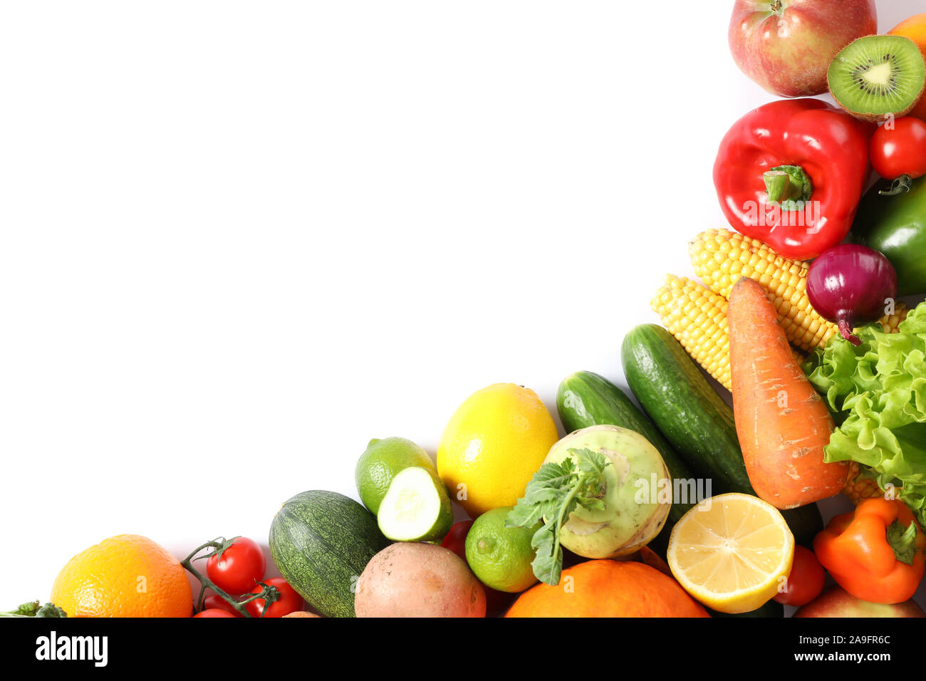 Composition with ripe vegetables and fruits isolated. Top view Stock ...