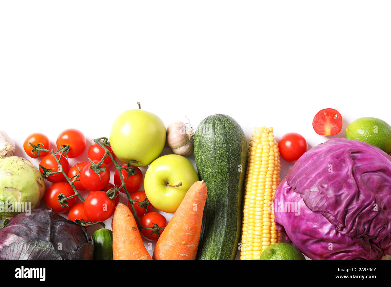 Composition with ripe vegetables and fruits isolated. Top view Stock ...