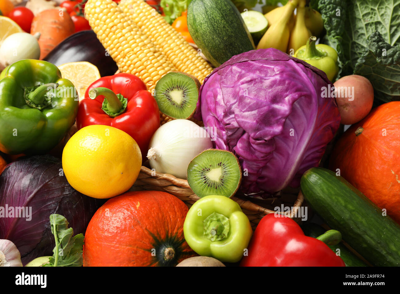 Vegetables and fruits texture on whole background, close up Stock Photo ...