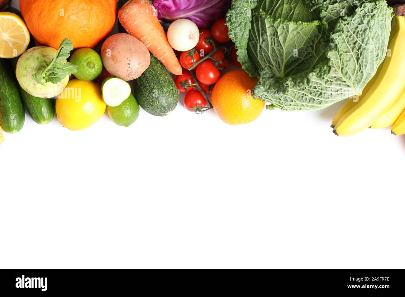 Composition with ripe vegetables and fruits isolated. Top view Stock ...