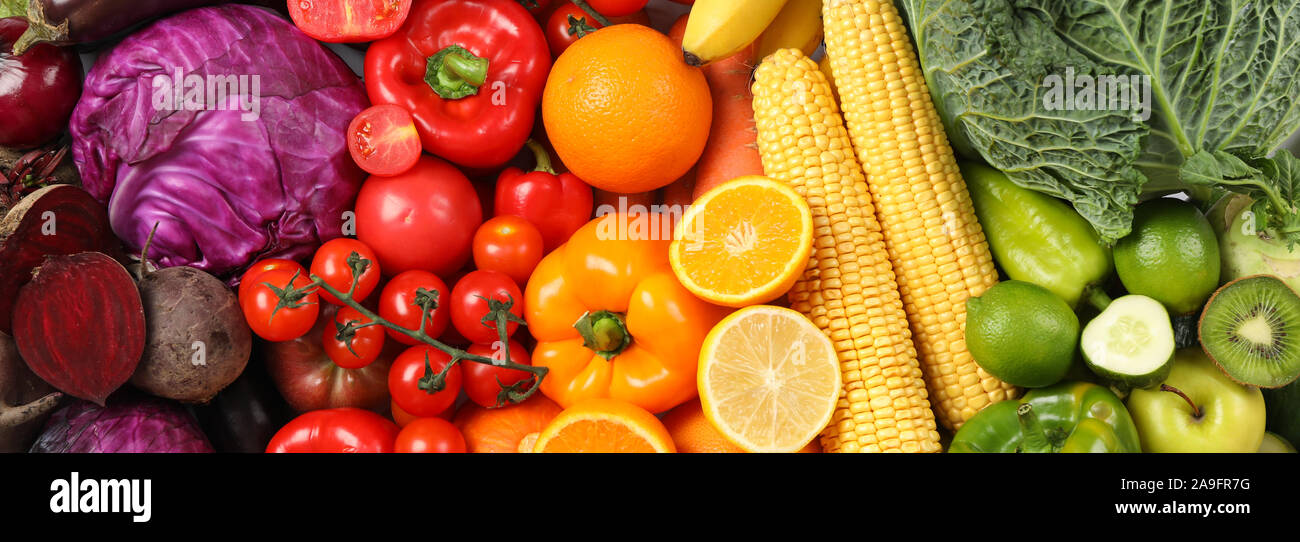 Ripe vegetables and fruits on whole background, close up Stock Photo ...