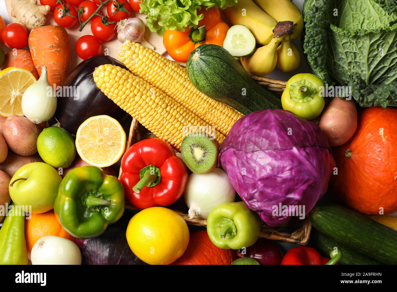 Vegetables and fruits texture on whole background, close up Stock Photo ...