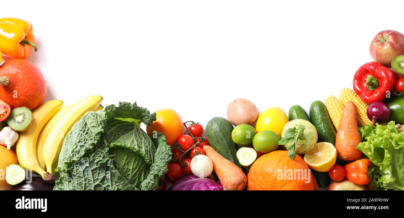 Composition with ripe vegetables and fruits isolated. Top view Stock ...