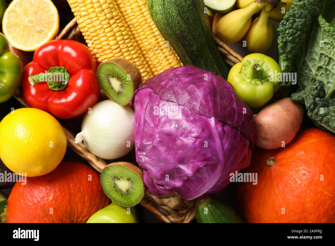Vegetables and fruits texture on whole background, close up Stock Photo ...