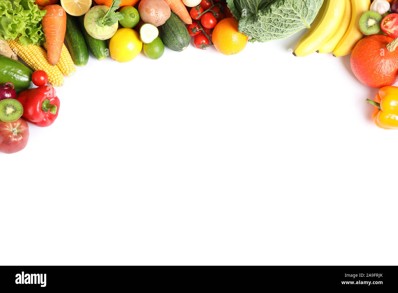 Composition with ripe vegetables and fruits isolated. Top view Stock ...