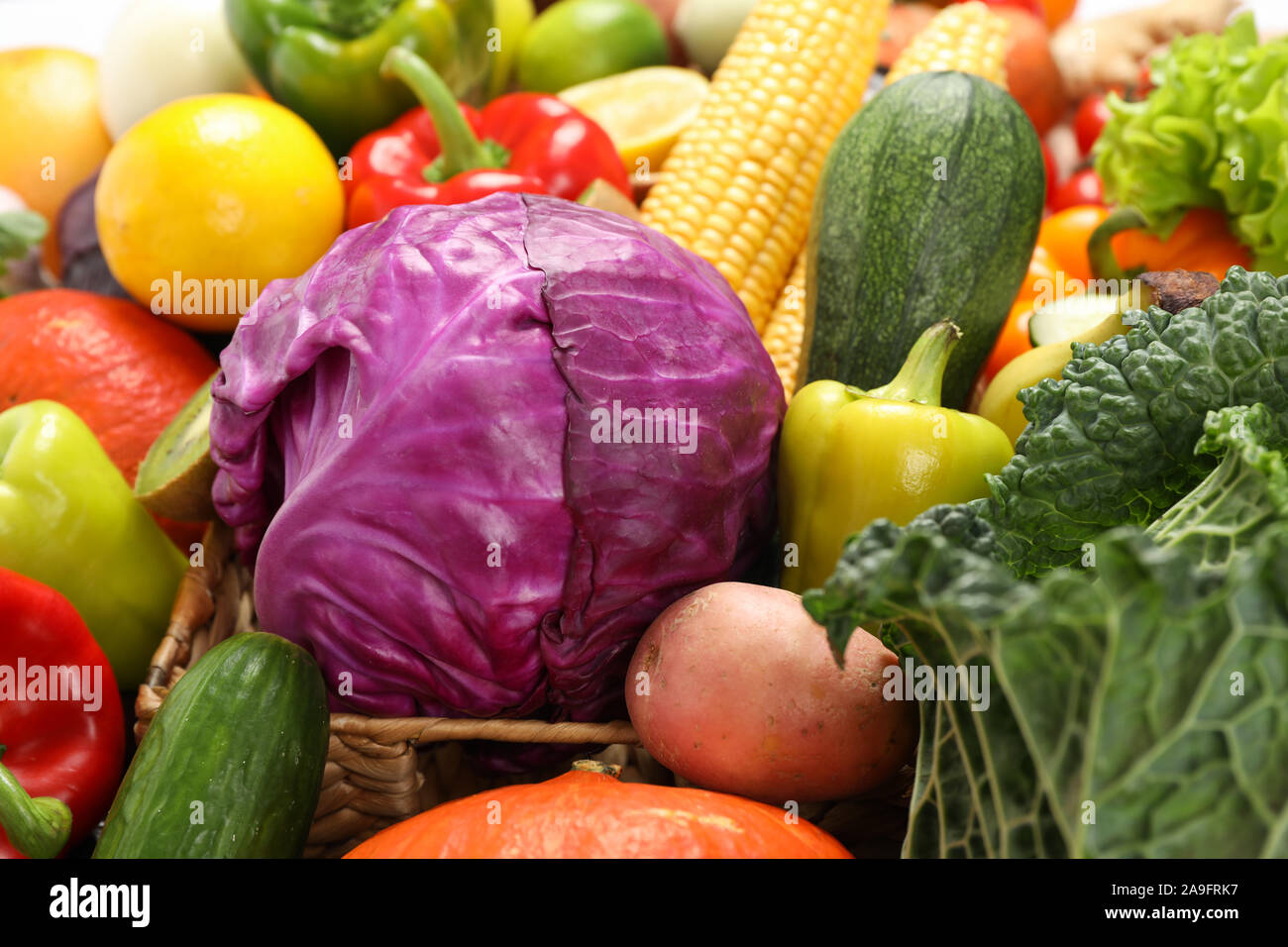 Vegetables and fruits texture on whole background, close up Stock Photo ...