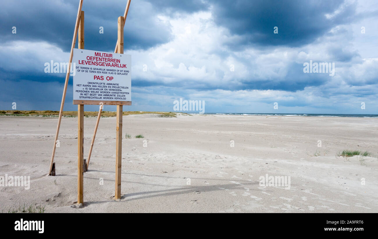 Military training ground warning sign in Vlieland The Netherlands Stock ...