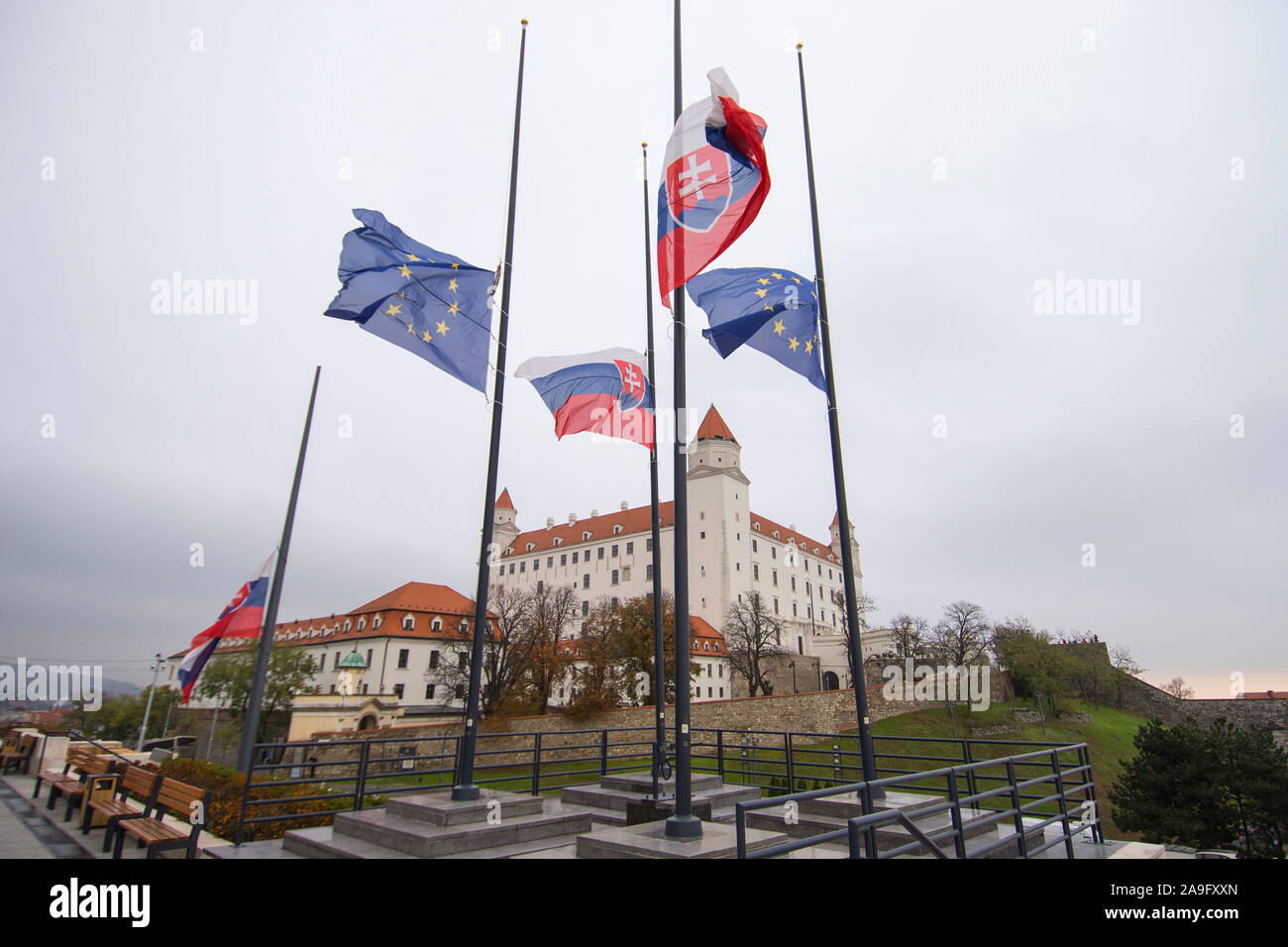 Slovak and European flags flying at half staff on the Alexander Dubcek ...