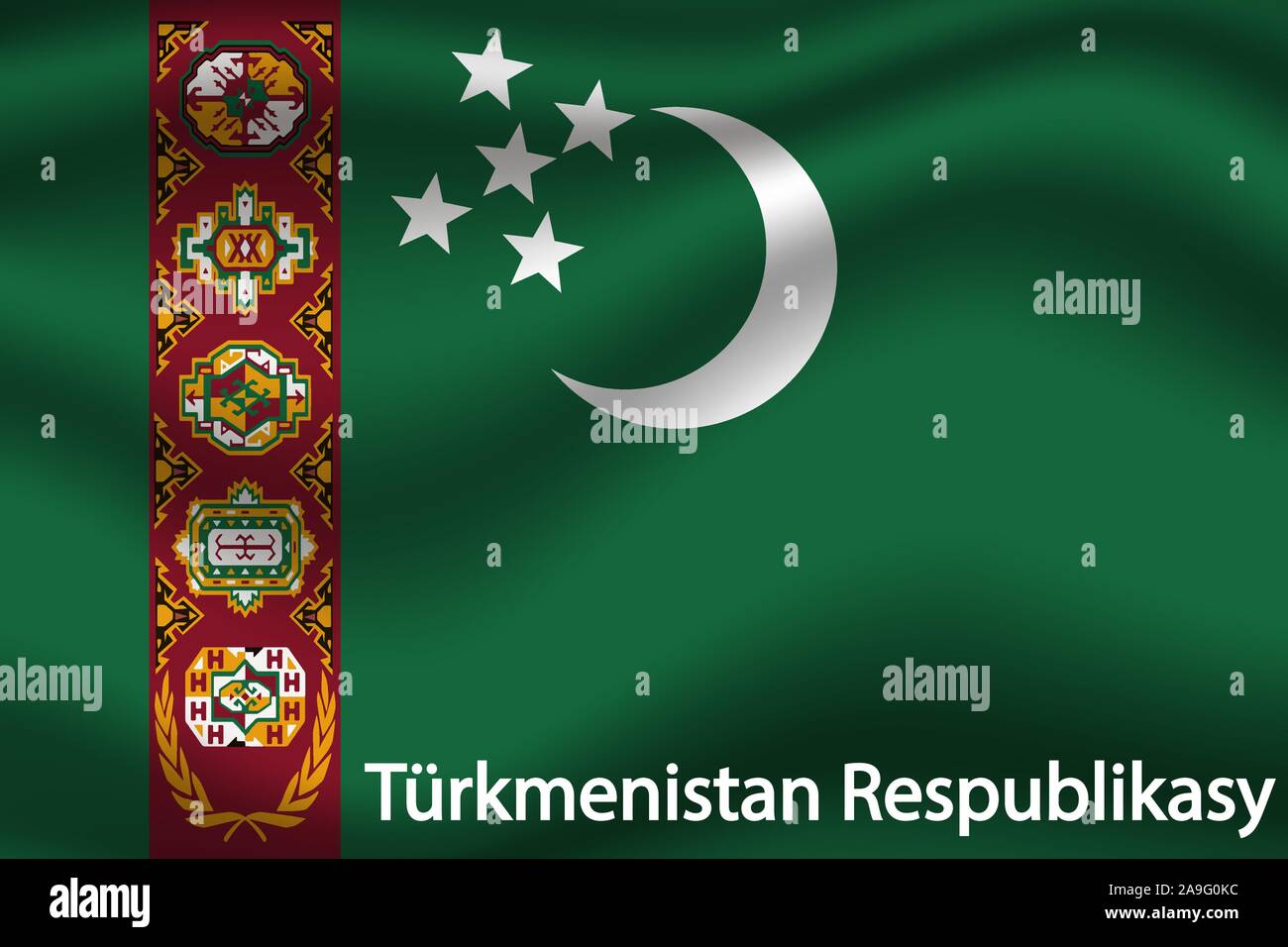 Beautiful national flag of Republic of Turkmenistan, original colors ...