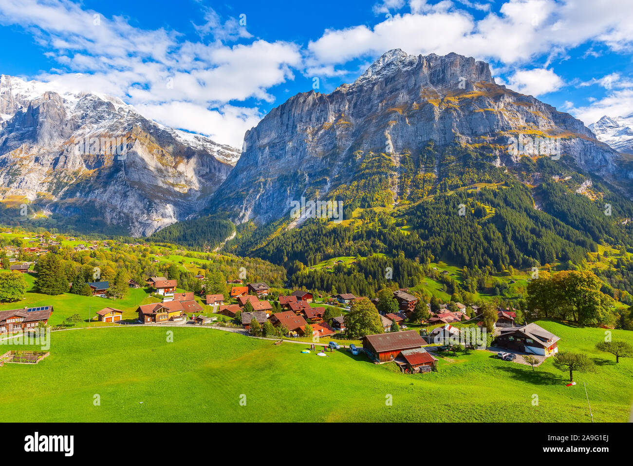 Grindelwald, Switzerland aerial village view and autumn Swiss Alps ...