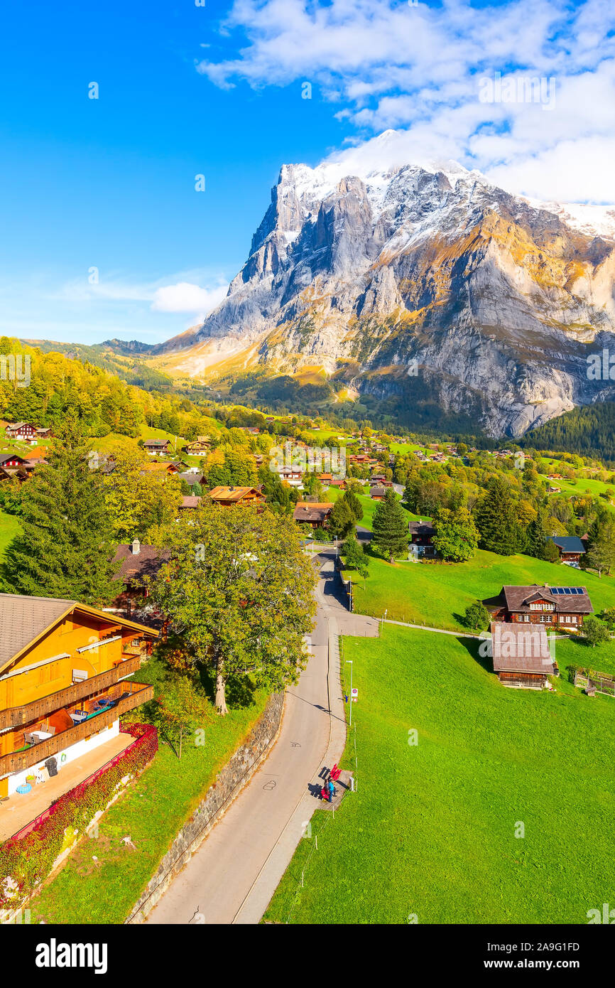 Grindelwald, Switzerland aerial village view and autumn Swiss Alps snow ...