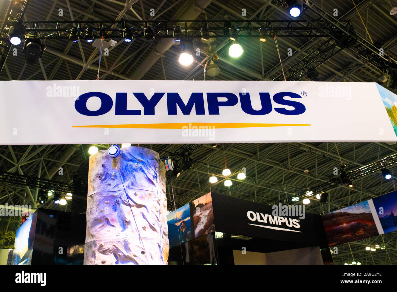 NEW YORK CITY - OCTOBER 24, 2019: View of the Olympus display at the ...