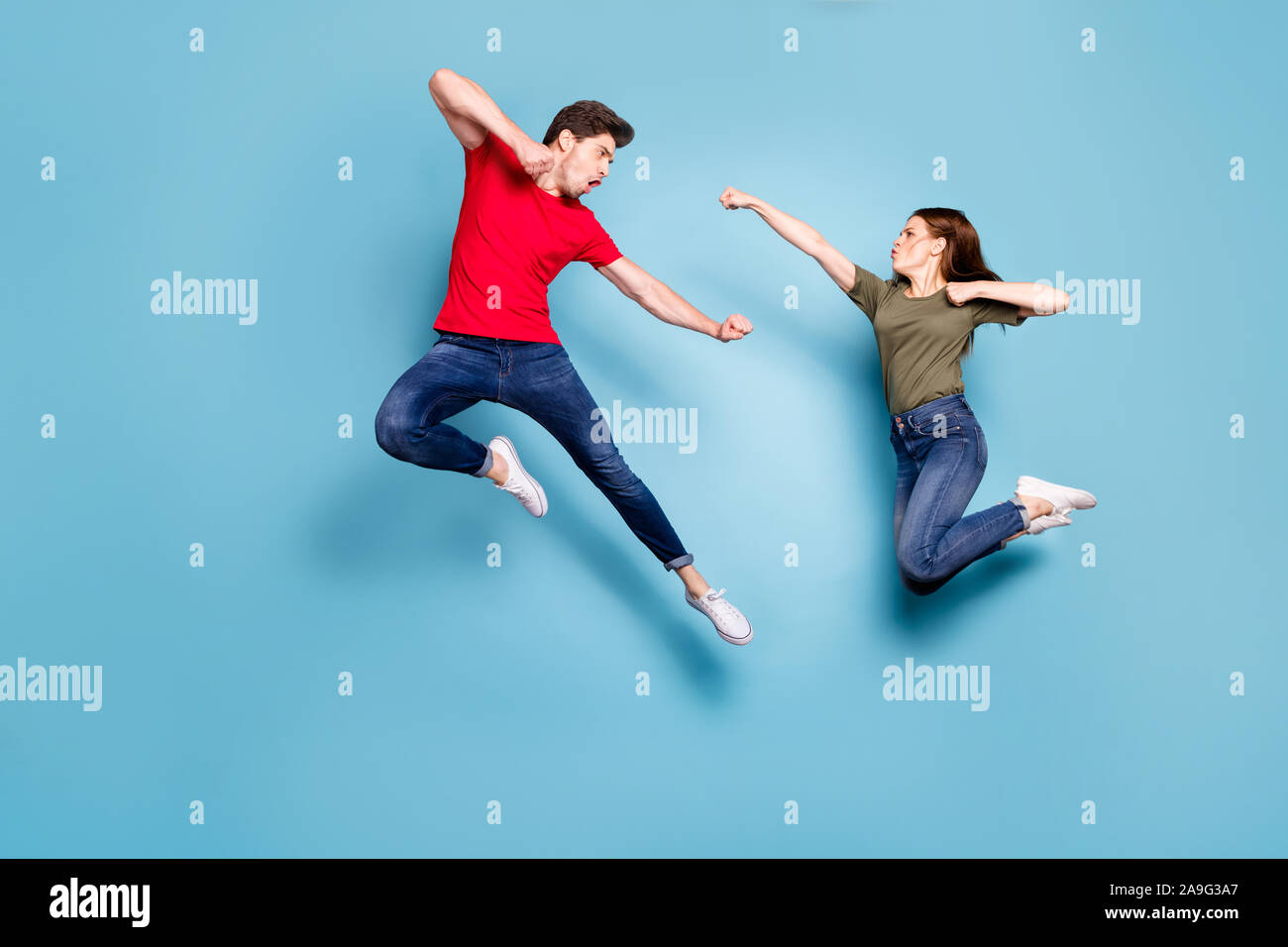 Full size photo of crazy man two people woman man spouses disagree jump ...