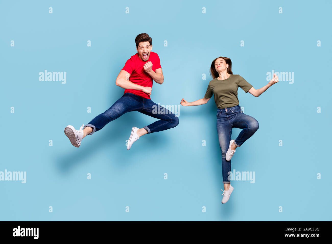 Full length photo of funky crazy two married people students man train ...