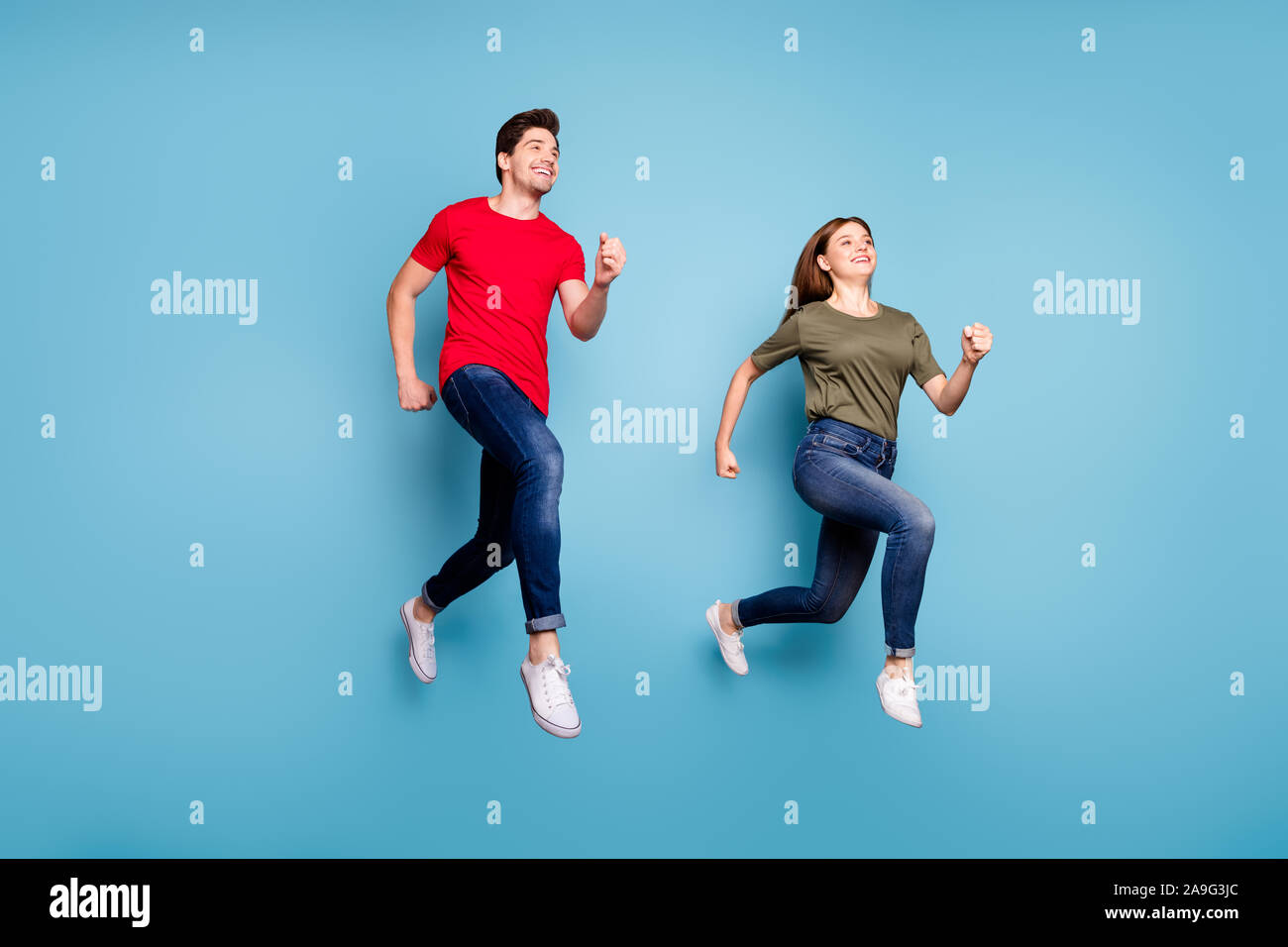 Full body photo of two spouses relax rest jump run wear casual style ...