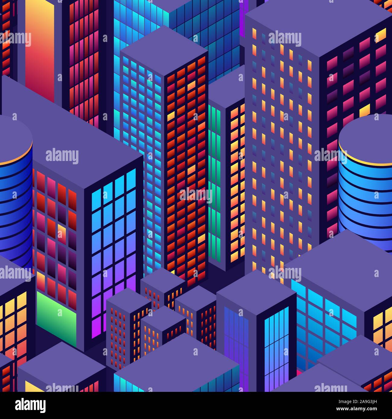 City seamless pattern view with isometric perspective and vibrant neon ...