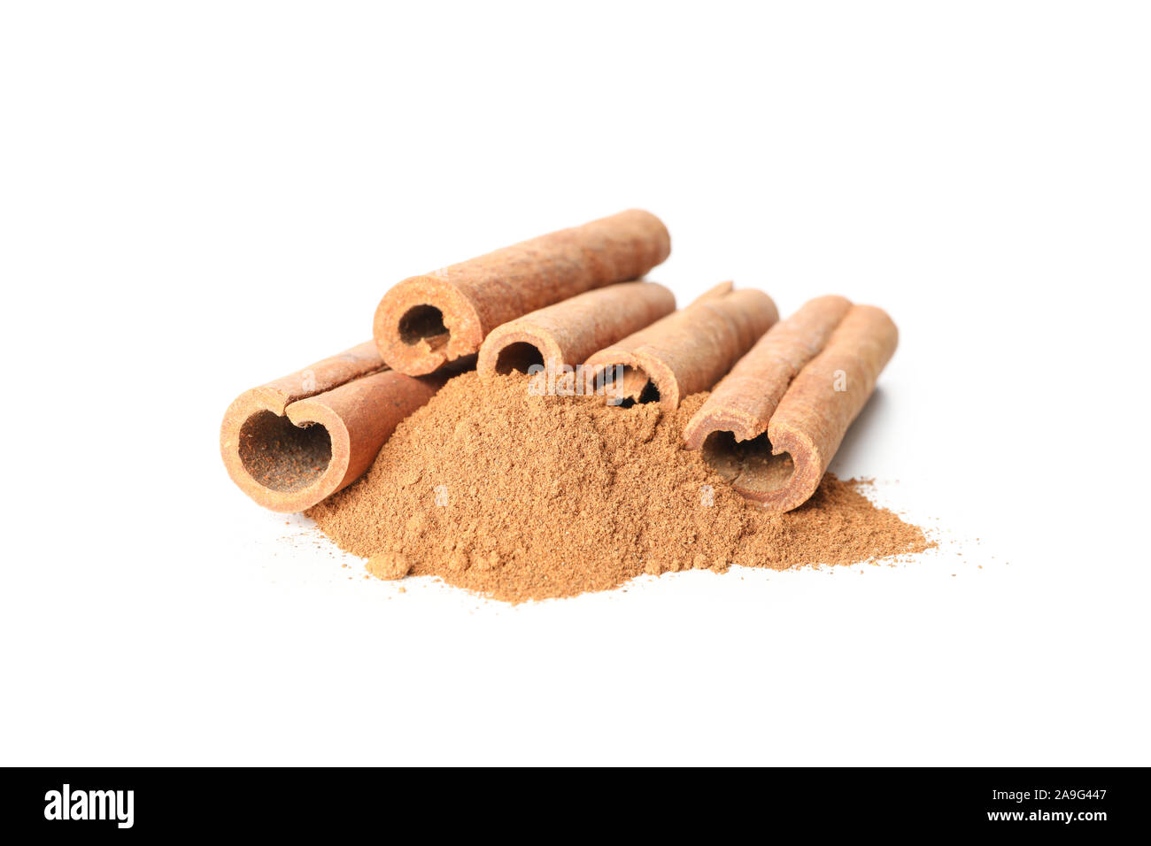 Cinnamon sticks and powder isolated on white background. Sweet spice ...