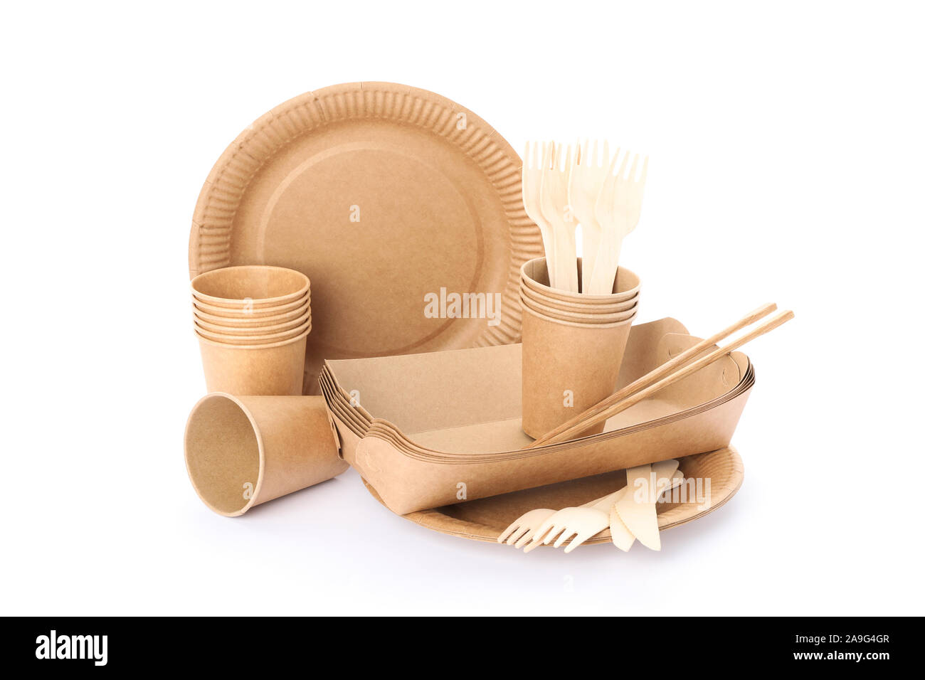 Eco - friendly tableware isolated on white background. Disposable ...