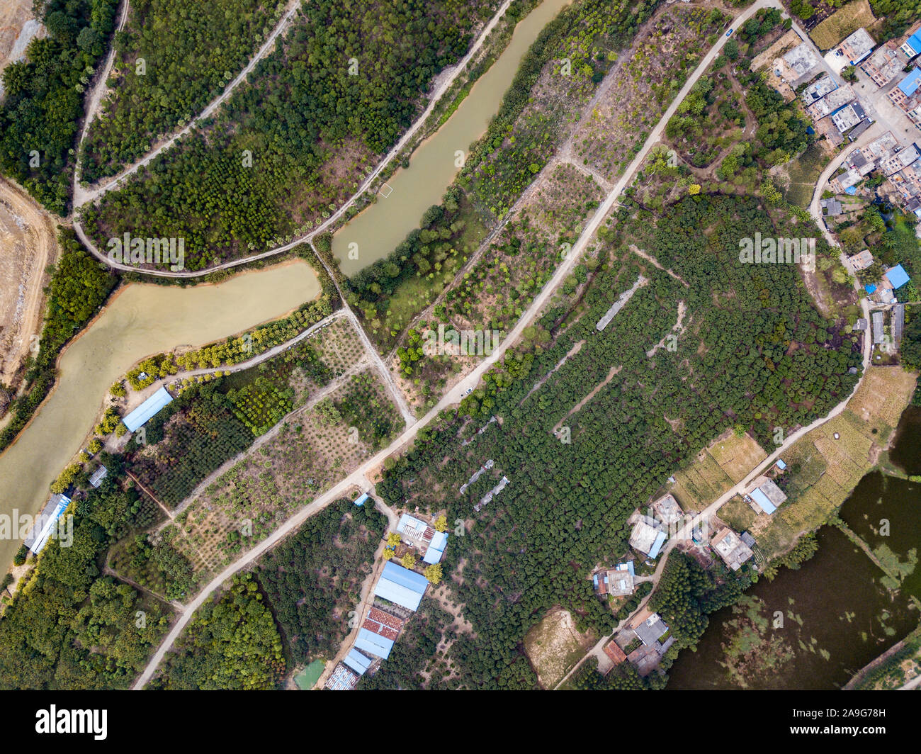 Aerial photos of rural fields, rivers and ponds in mountainous areas of ...