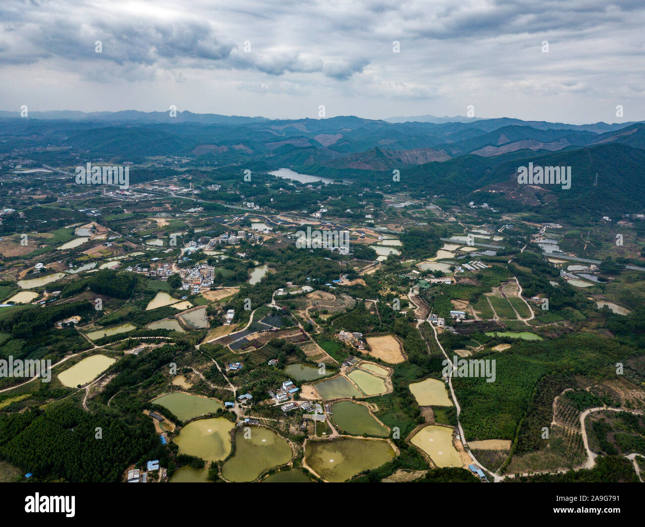 Aerial photos of rural fields, rivers and ponds in mountainous areas of ...