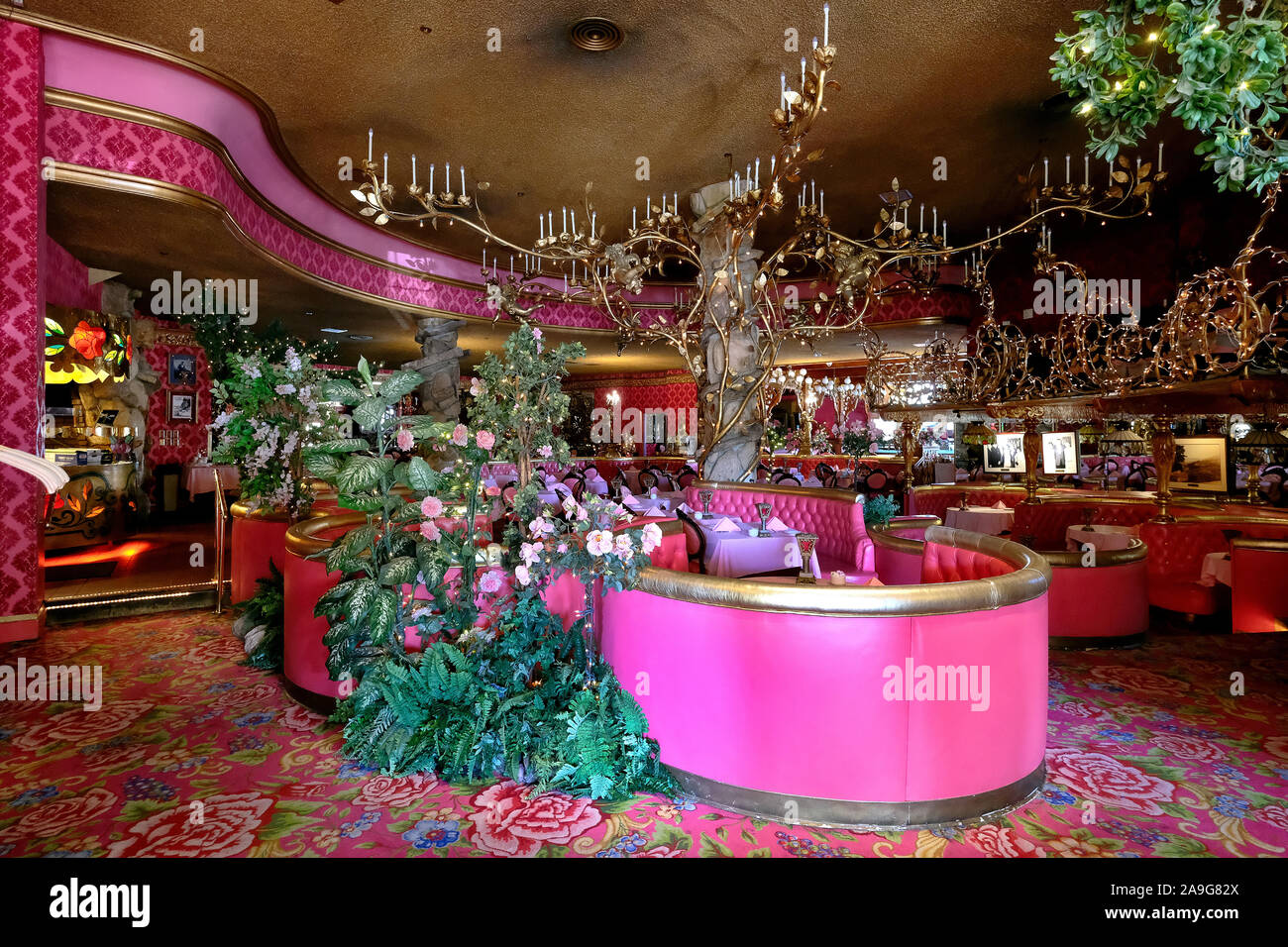 Restaurant with chandelier in the quirky kitsch hotel Madonna Inn on ...