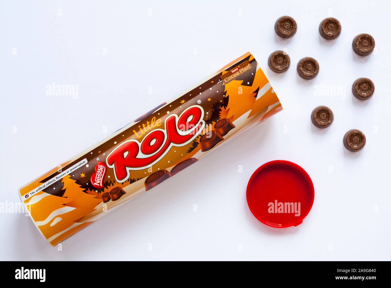 Tube of Nestle little Rolo opened with contents spilled spilt isolated ...