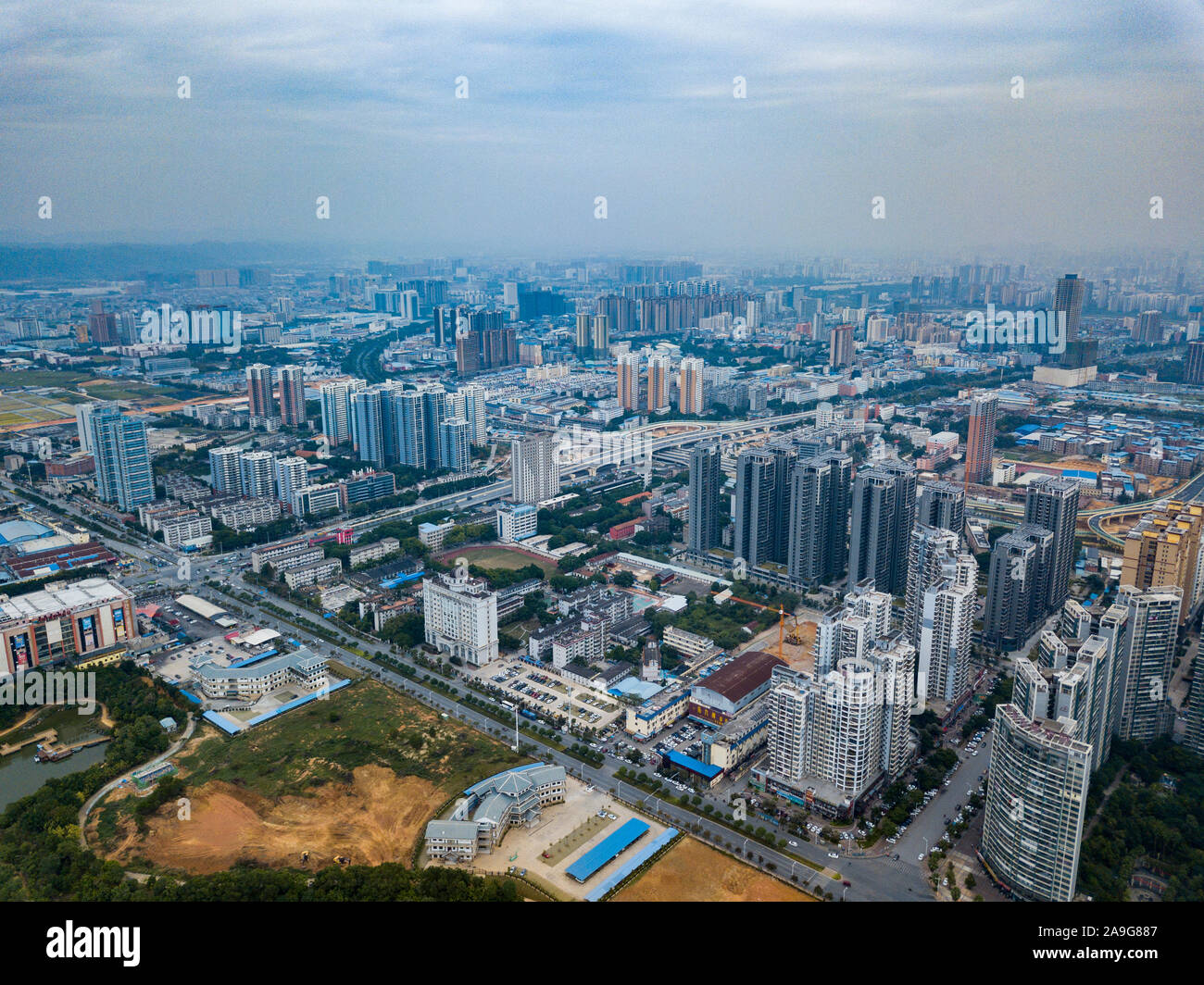 Aerial photos of high-rise buildings in urban areas of Asian cities ...