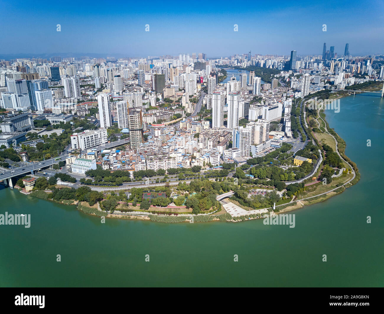 The high-rise peninsula of residential buildings in Riverside urban ...